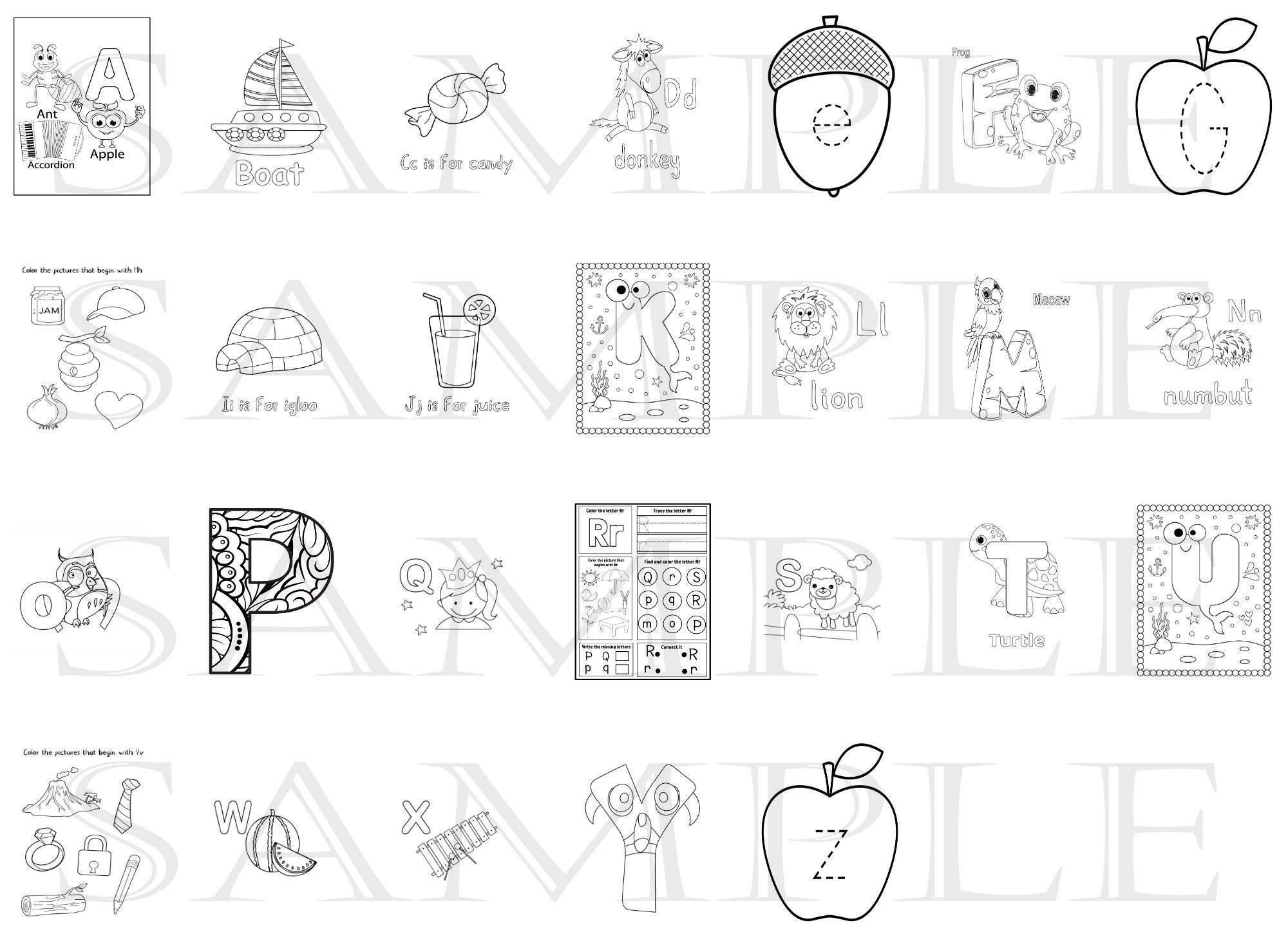 Coloring Pages for Kids, A to Z Alphabet Coloring Sheets, Instant ...