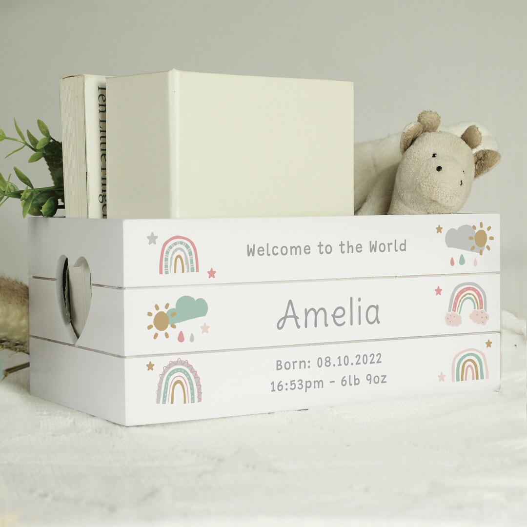 Personalised Rainbow White Wooden Crate Keepsake Box Newborn Keepsake ...