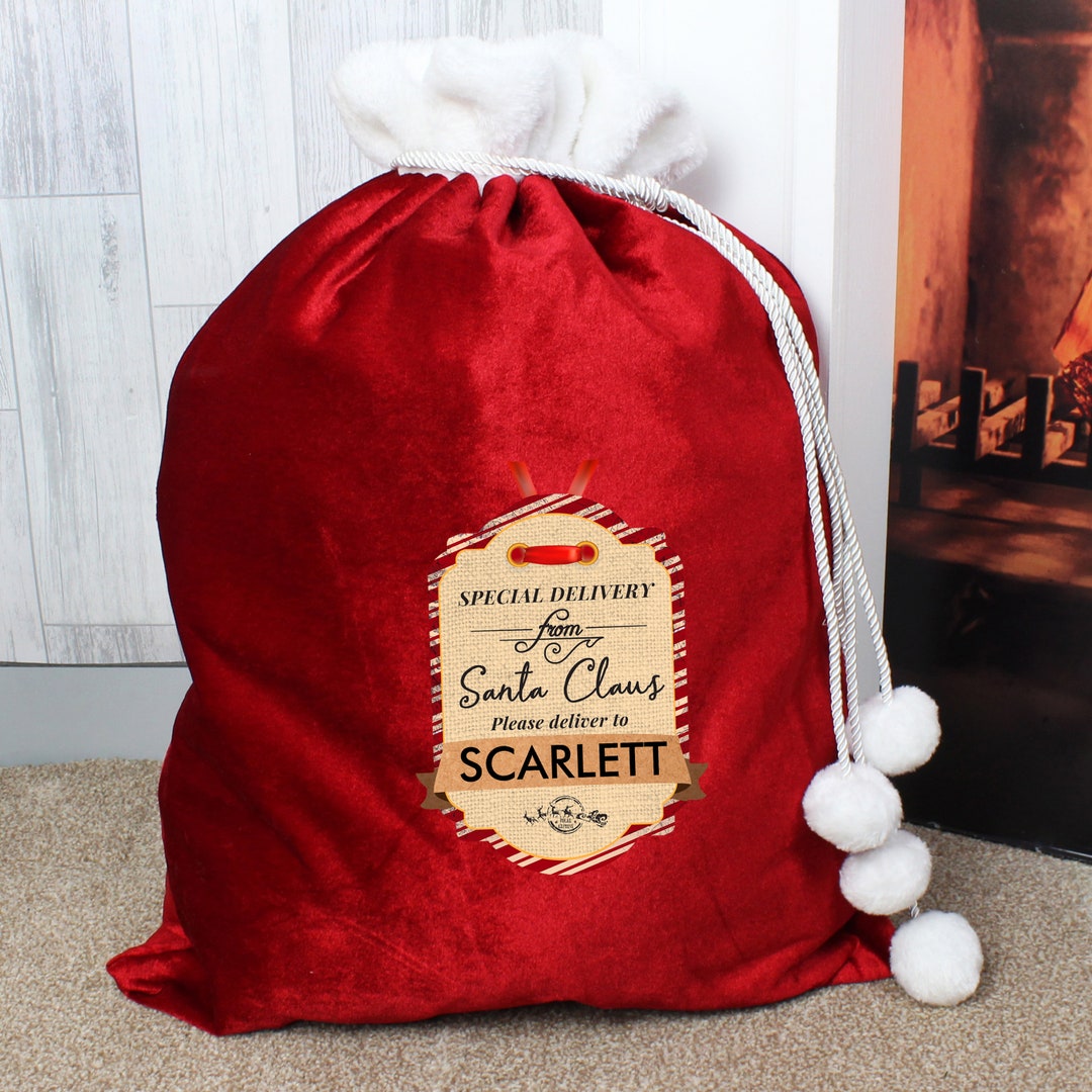 Personalised Special Delivery Luxury Pom Pom Red Sack | Luxury Xmas ...