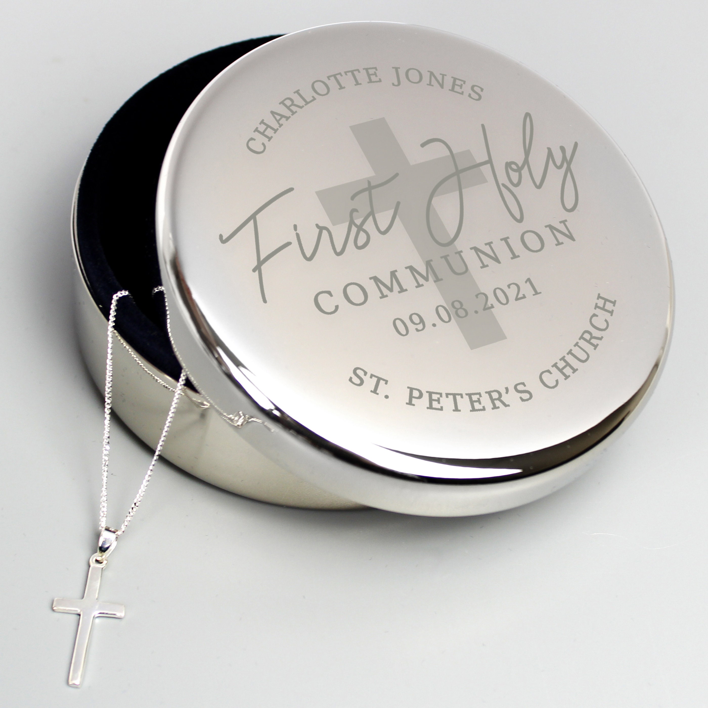 Personalised First Holy Communion Round Trinket Box & Cross Necklace ...