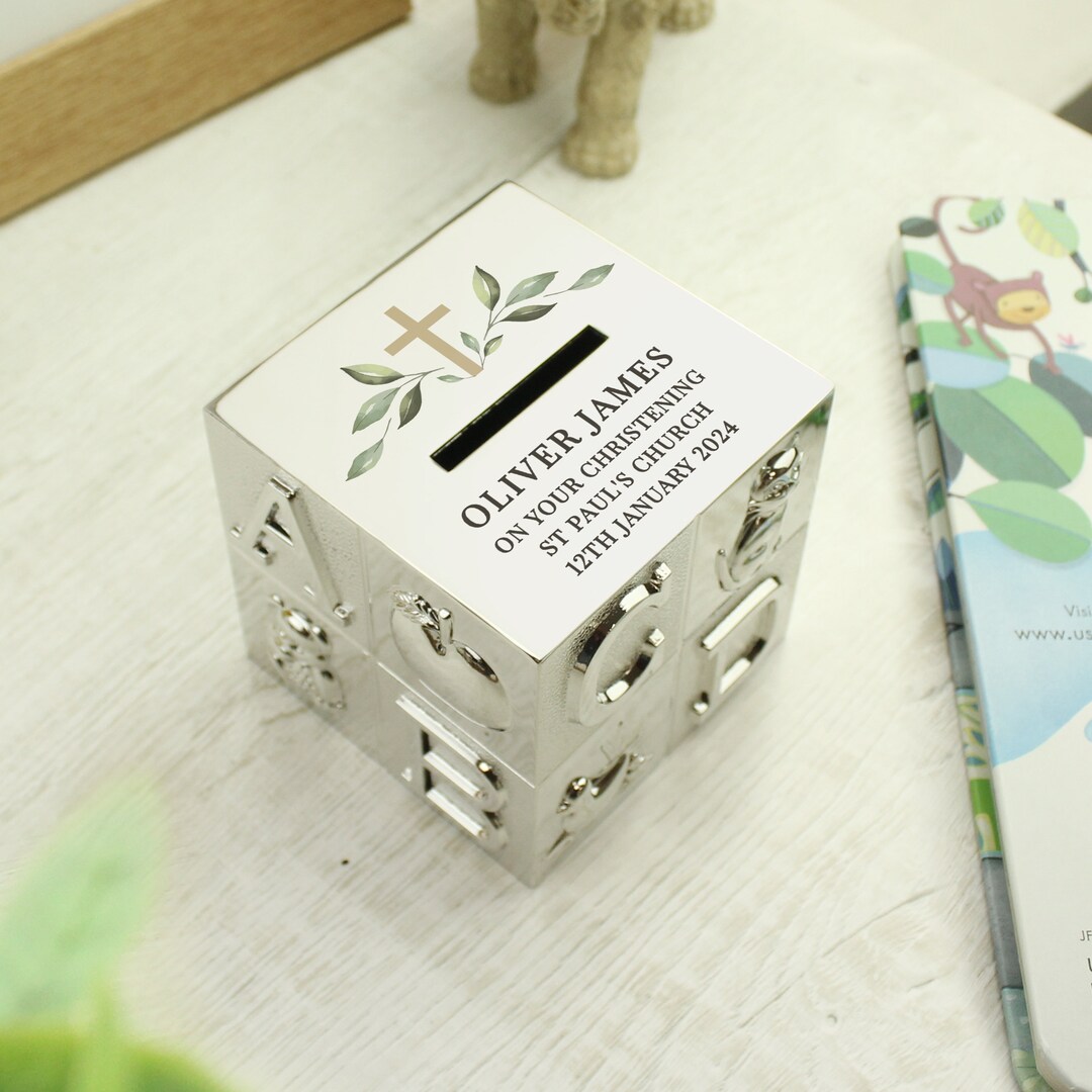 Personalised Religious ABC Money Box | Silver Money Box | ABC Design ...