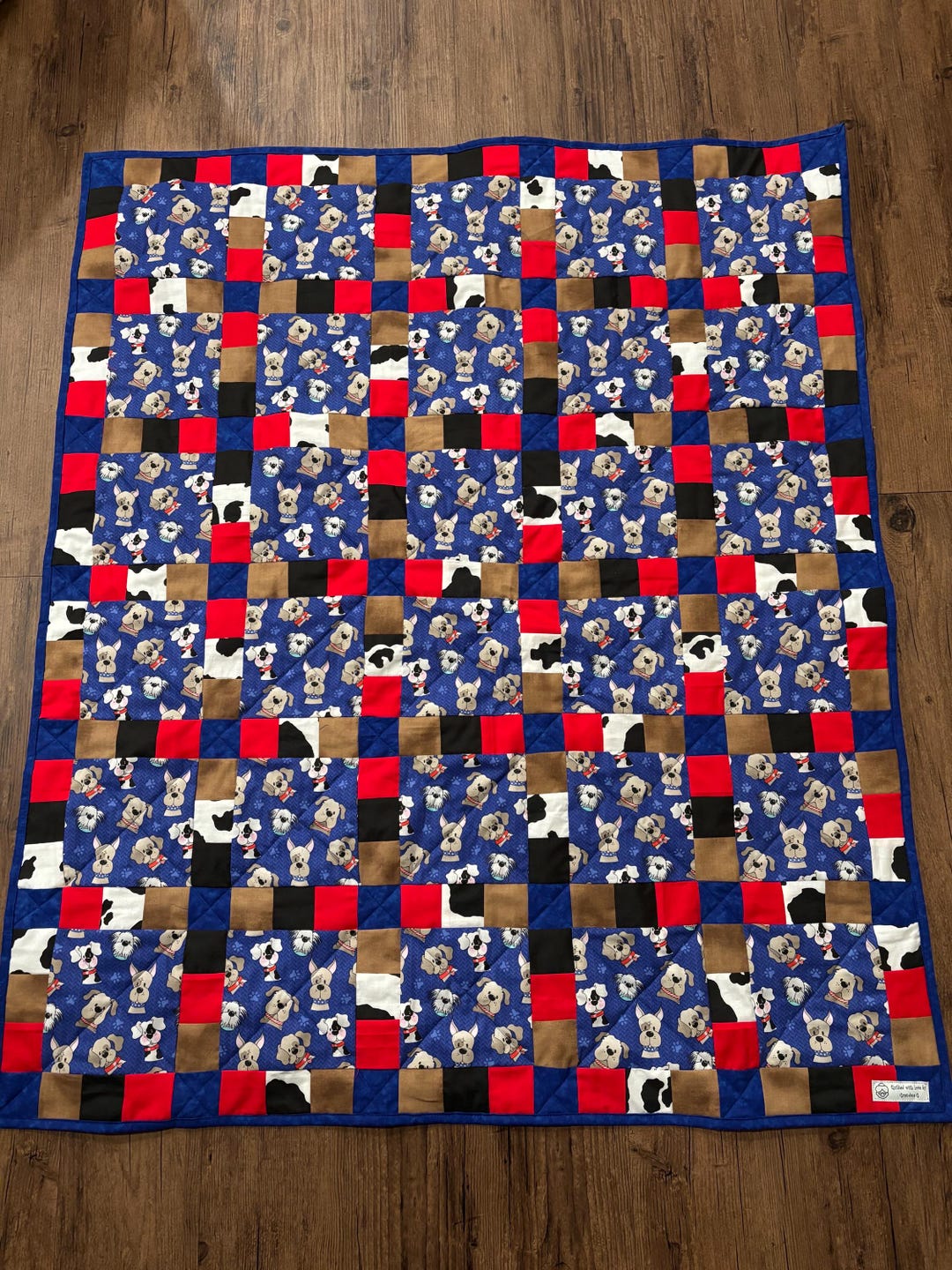 Puppy & Paw Print Quilt: Red, Brown, Blue Patchwork - Etsy