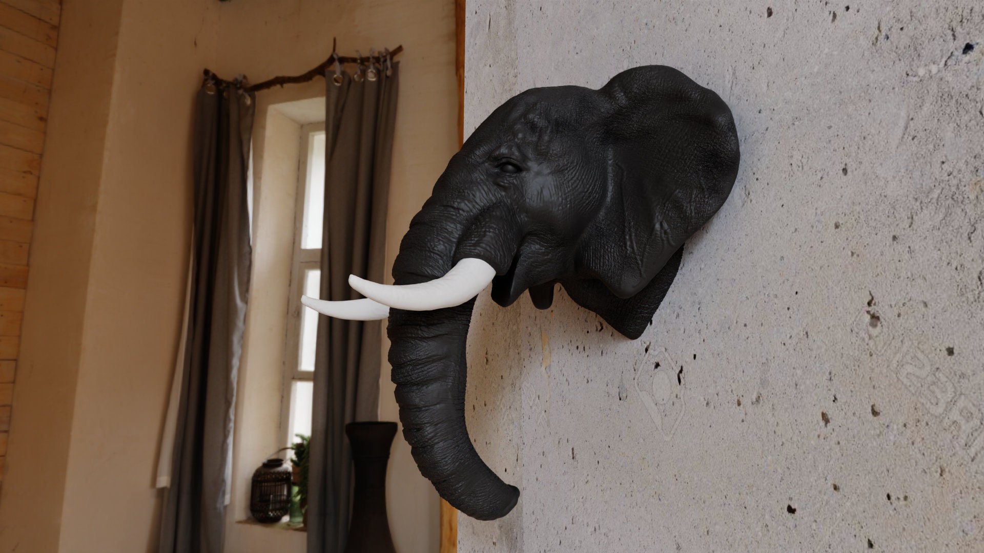 Elephant Head With Trunk ,wall Mounted 3d Jungle Animal Head Modern ...
