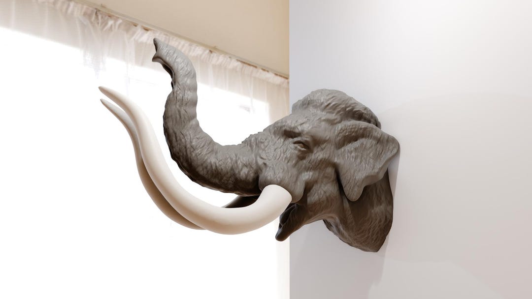Mammoth Roaring Head Wall Mount, Mammoth Art, Animal Head, White Faux ...