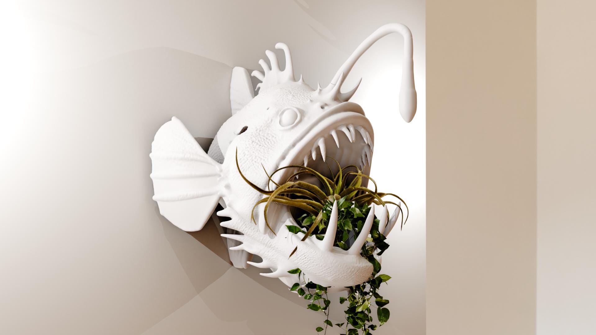 Angler Fish Head Mouth Open Wall Mount Planter Pot Flower Vase, Wall ...