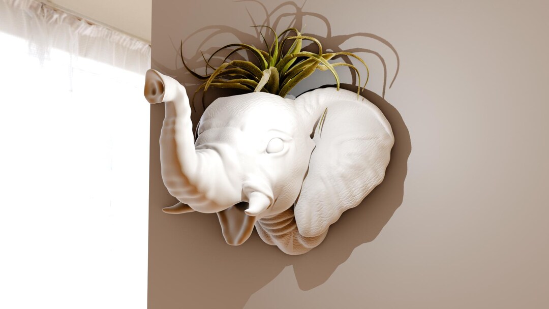 Baby Elephant Head Trunk Raied Wall Planter, Trunk Raised, Flower Vase ...