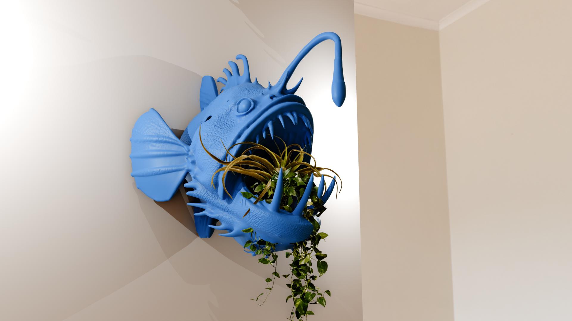 Angler Fish Head Mouth Open Wall Mount Planter Pot Flower Vase, Wall ...