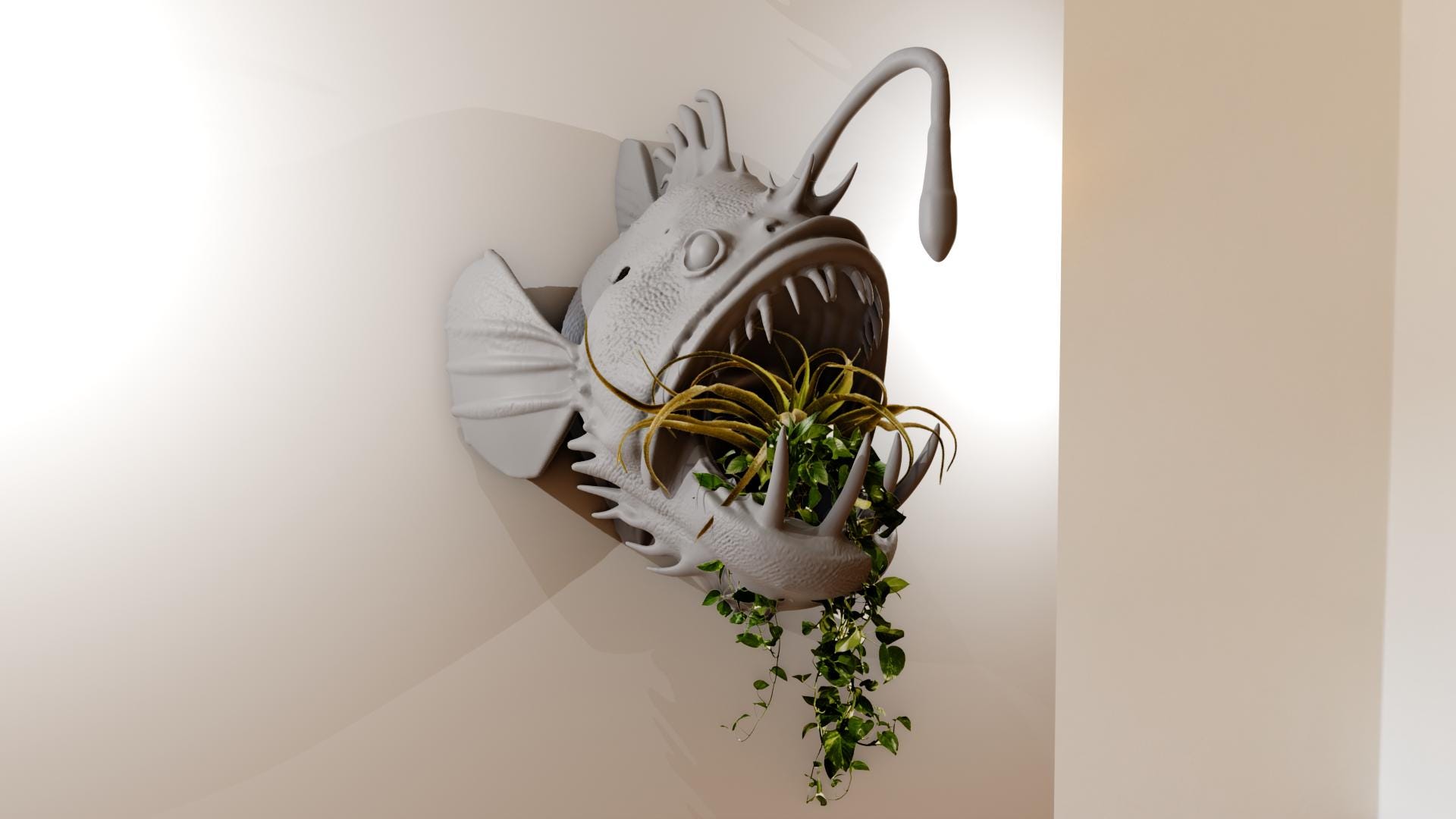 Angler Fish Head Mouth Open Wall Mount Planter Pot Flower Vase, Wall ...
