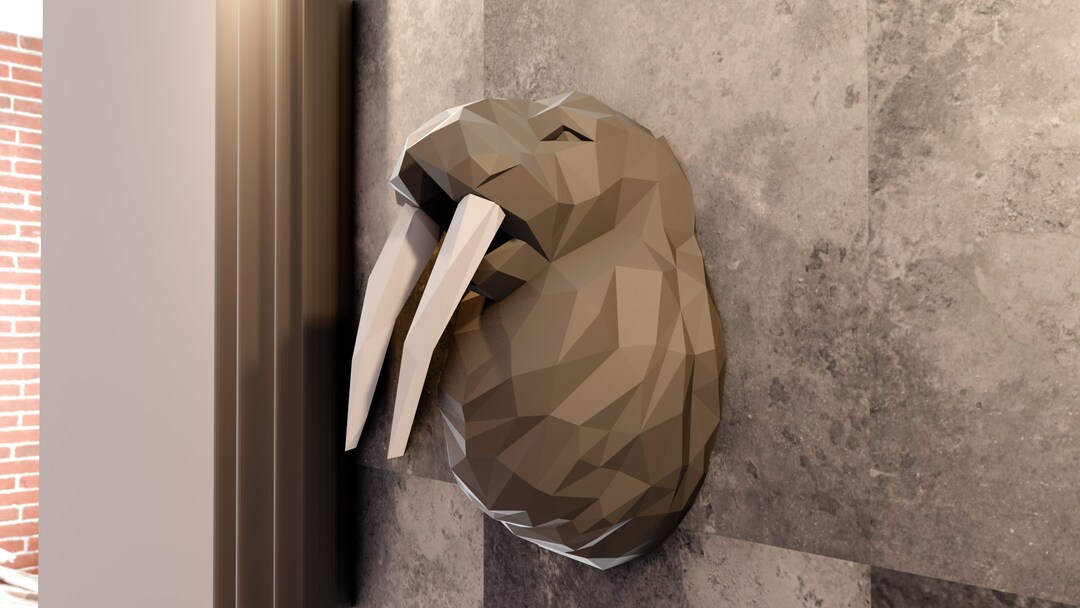 Walrus Roaring Head Wall Mount, Low Poly, Geometrical, Walrus Faux ...