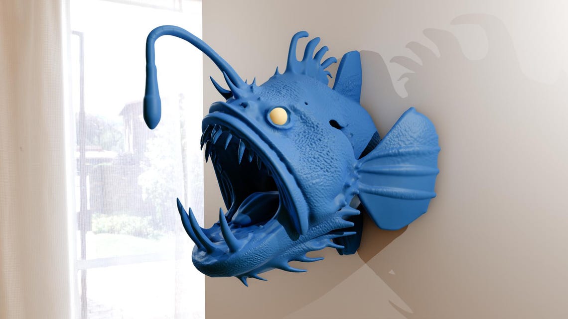 Angler Fish Head Mouth Open Wall Mount, Wall Art, Decor, Wall Mount ...
