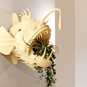Angler Fish Head Mouth Open Wall Mount Planter Pot Flower Vase, Wall ...