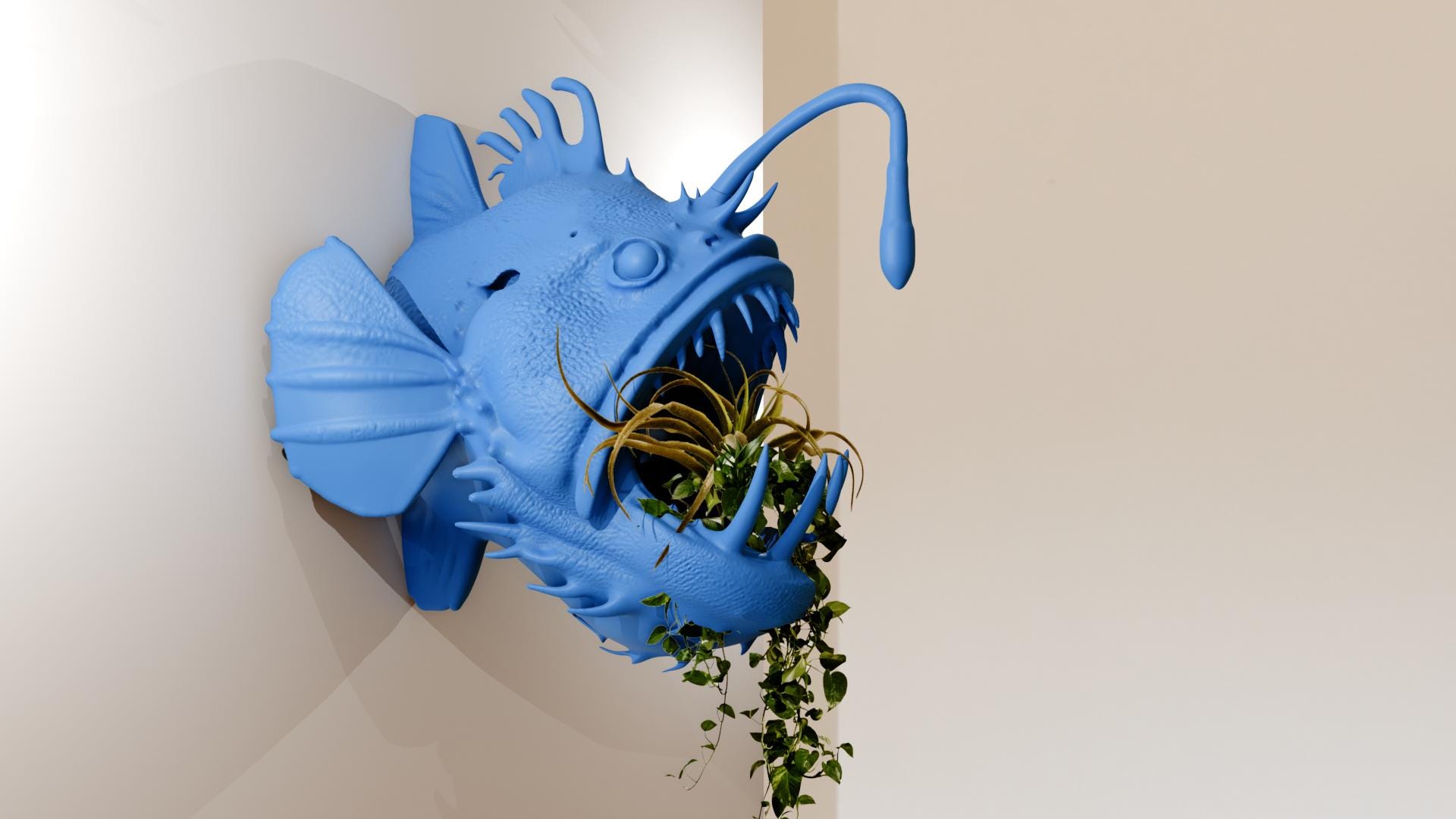 Angler Fish Head Mouth Open Wall Mount Planter Pot Flower Vase, Wall ...