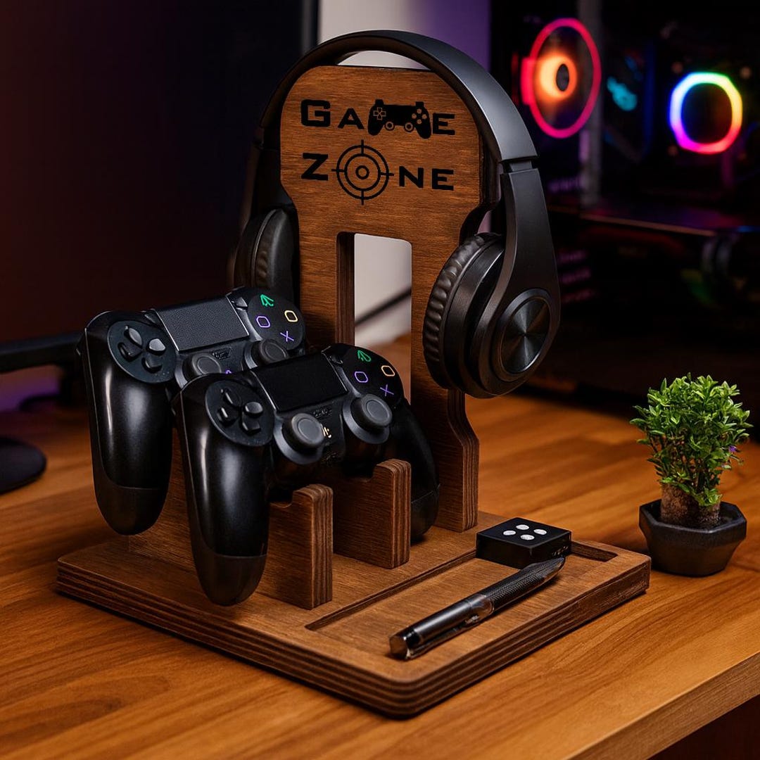 Personalized Gamer Stand – Wooden Headphone & Controller Holder, Custom ...