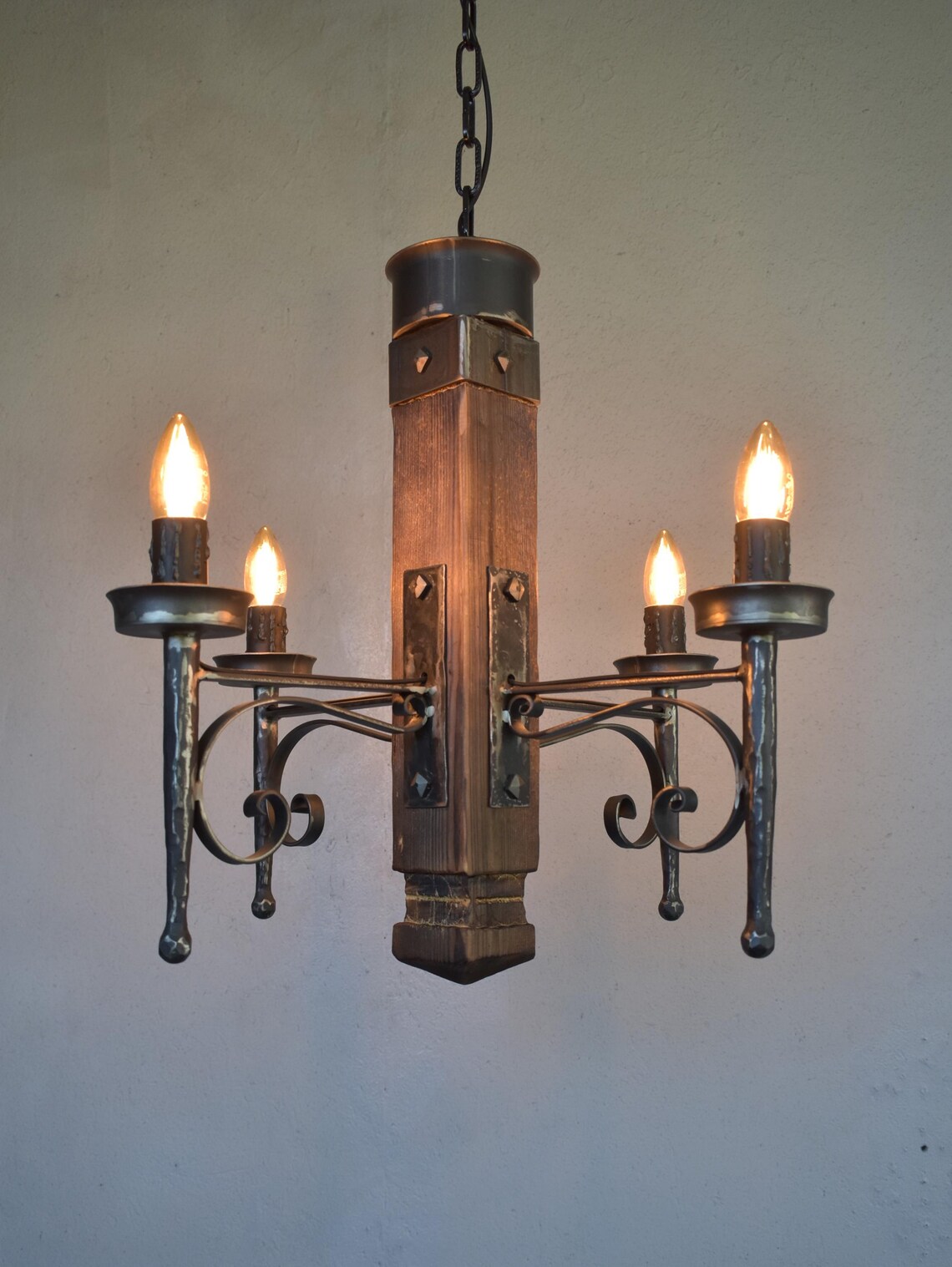 Wrought Iron and Wood Rustic Chandelier - Etsy