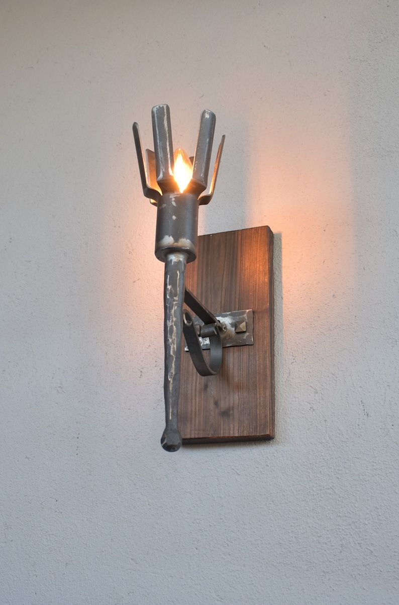 Hand Forged Torch Shaped Sconce Light,wood and Iron Wall Sconce - Etsy