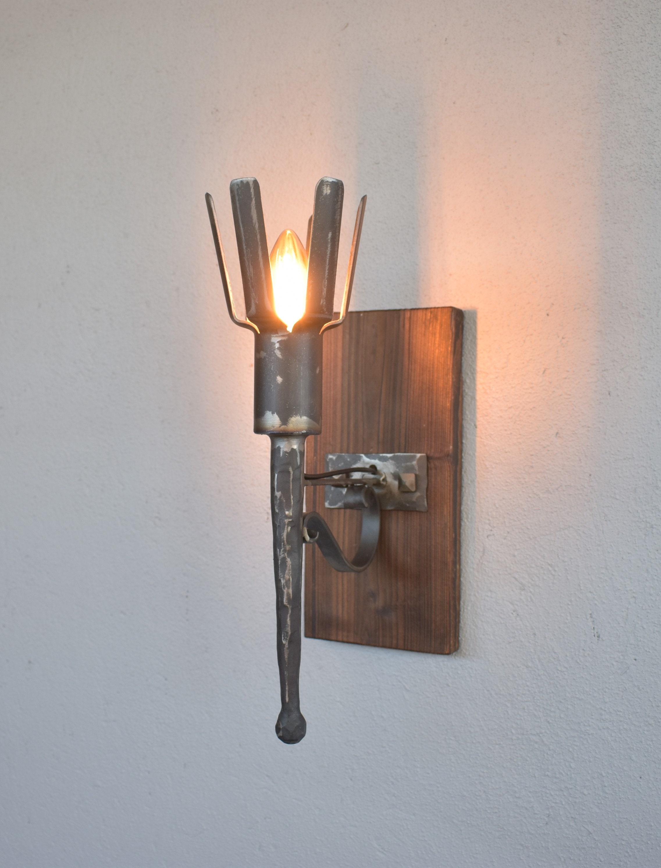 Hand Forged Torch Shaped Sconce Light,wood and Iron Wall Sconce - Etsy