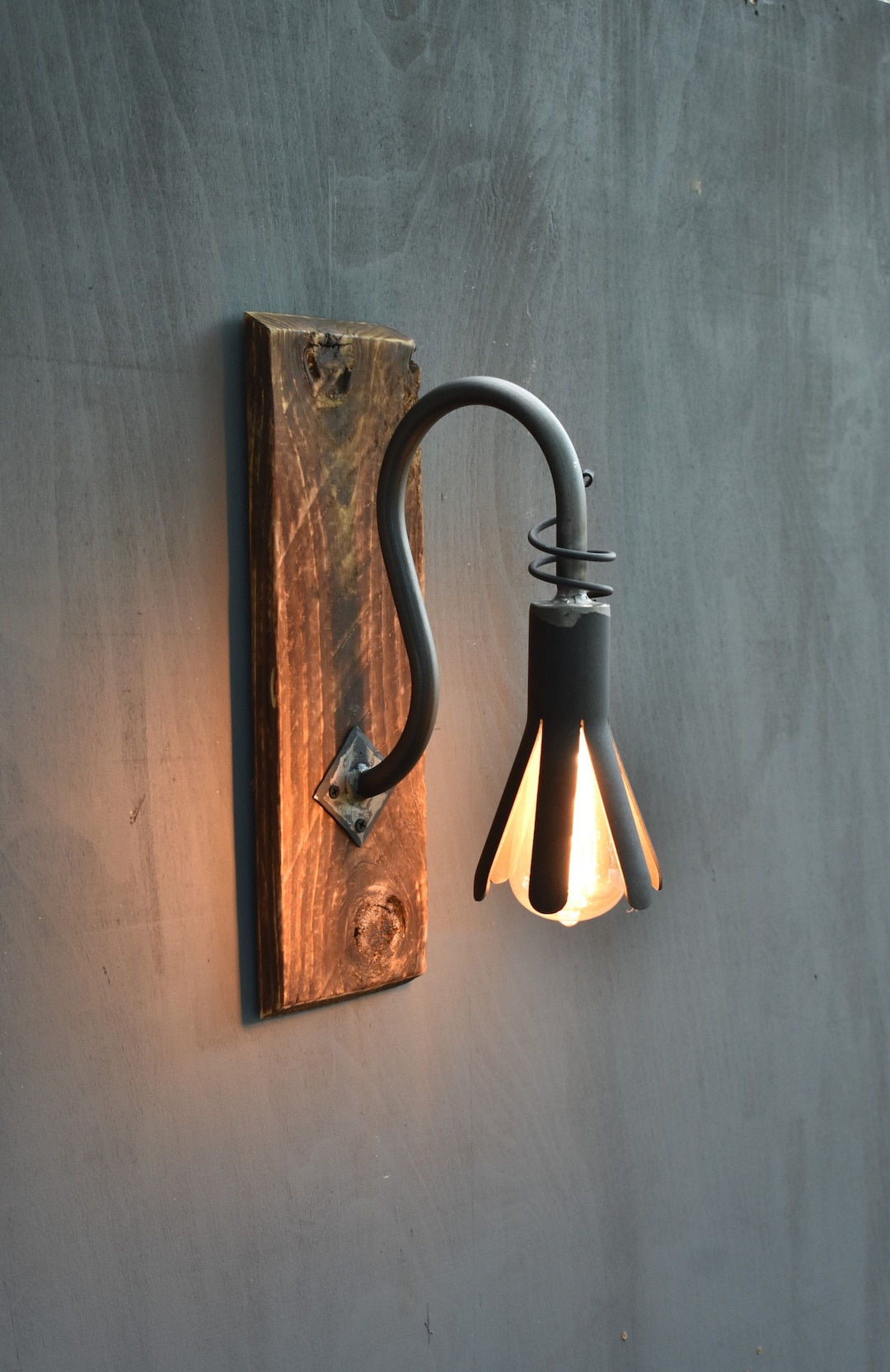 Rustic Wall Lamp,wood and Forged Iron Light,farmhouse Wall Sconce - Etsy