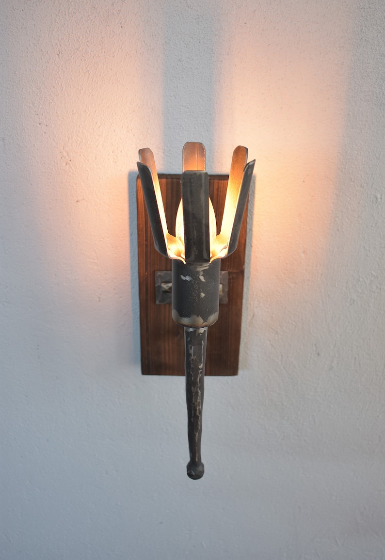 Hand Forged Torch Shaped Sconce Light,wood and Iron Wall Sconce - Etsy