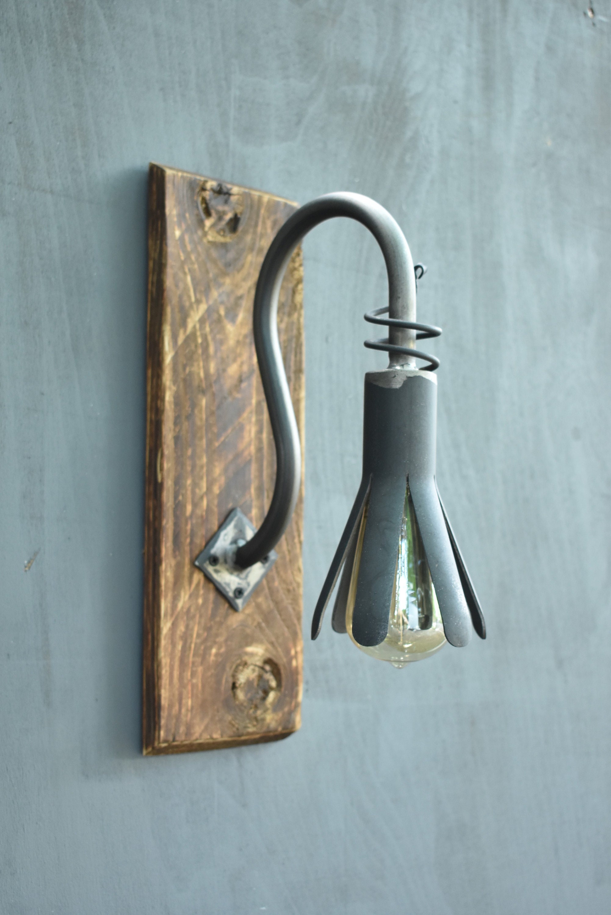 Rustic Wall Lamp,wood and Forged Iron Light,farmhouse Wall Sconce - Etsy
