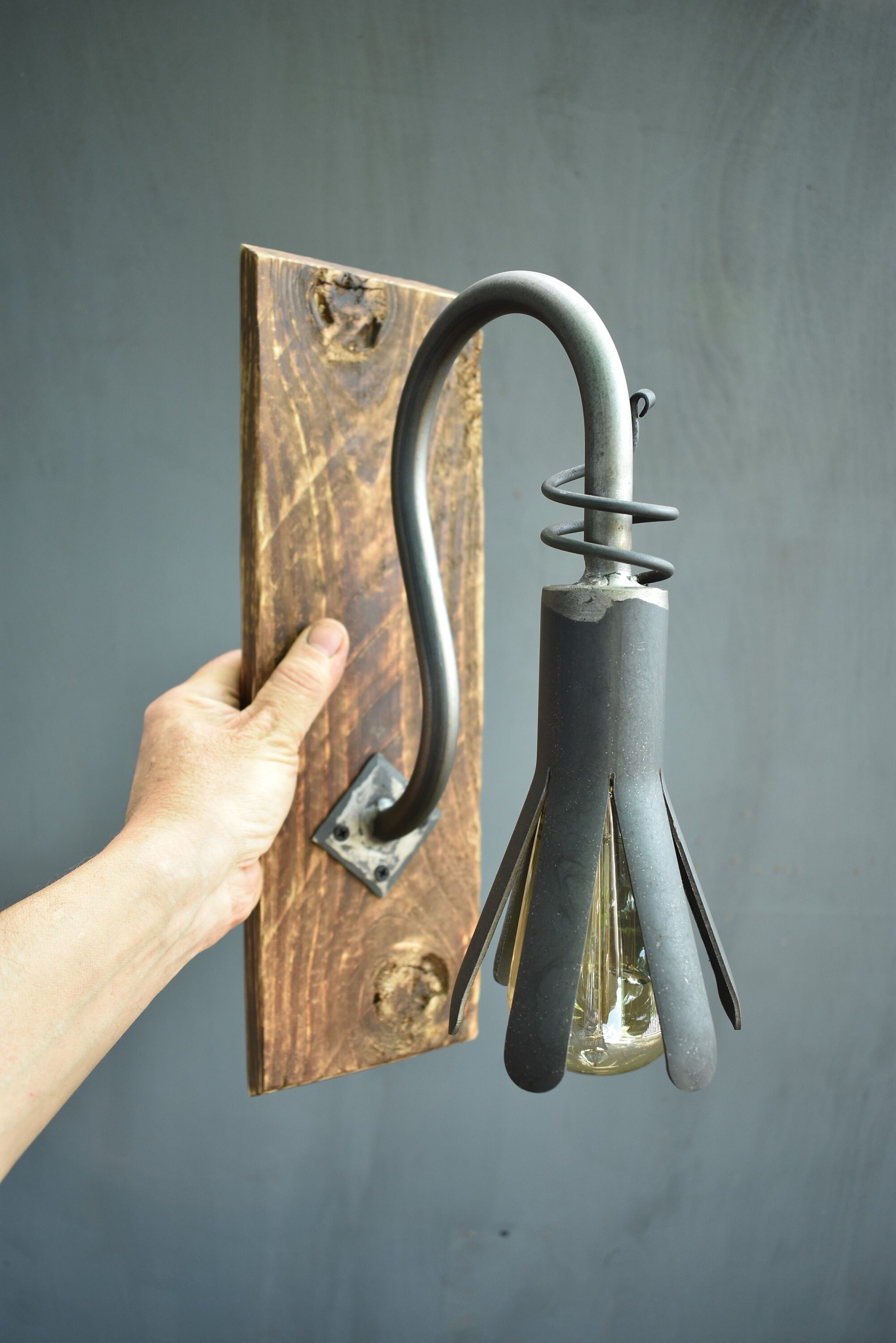 Rustic Wall Lamp,wood and Forged Iron Light,farmhouse Wall Sconce - Etsy