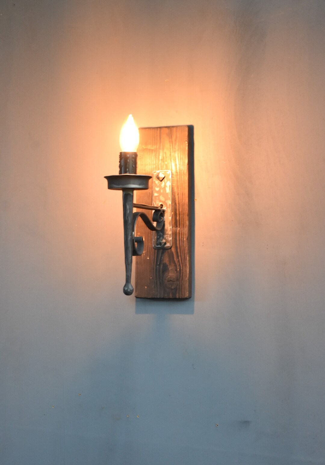 Hand Forged Wall Sconce,farmhouse Wood and Wrought Iron Wall Lamp ...
