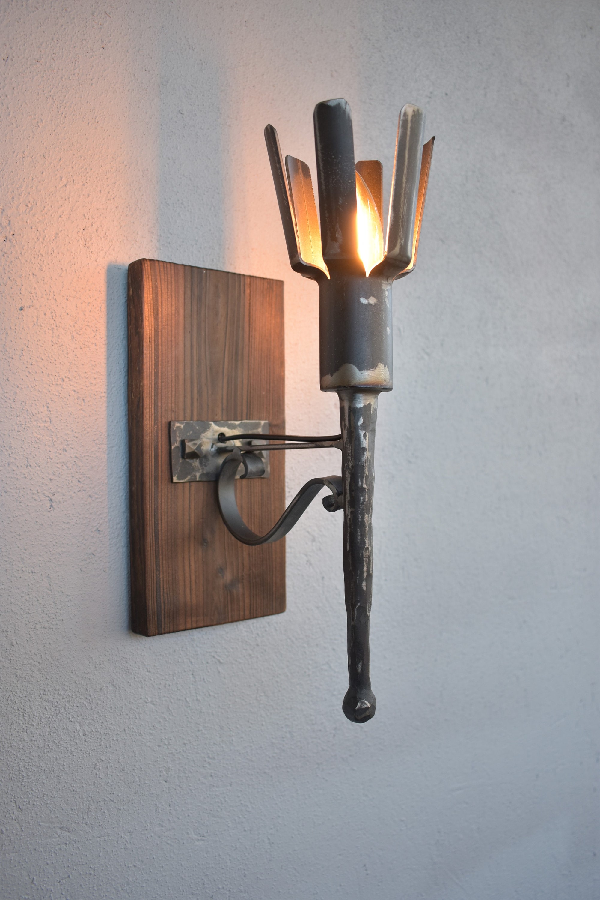 Hand Forged Torch Shaped Sconce Light,wood and Iron Wall Sconce - Etsy
