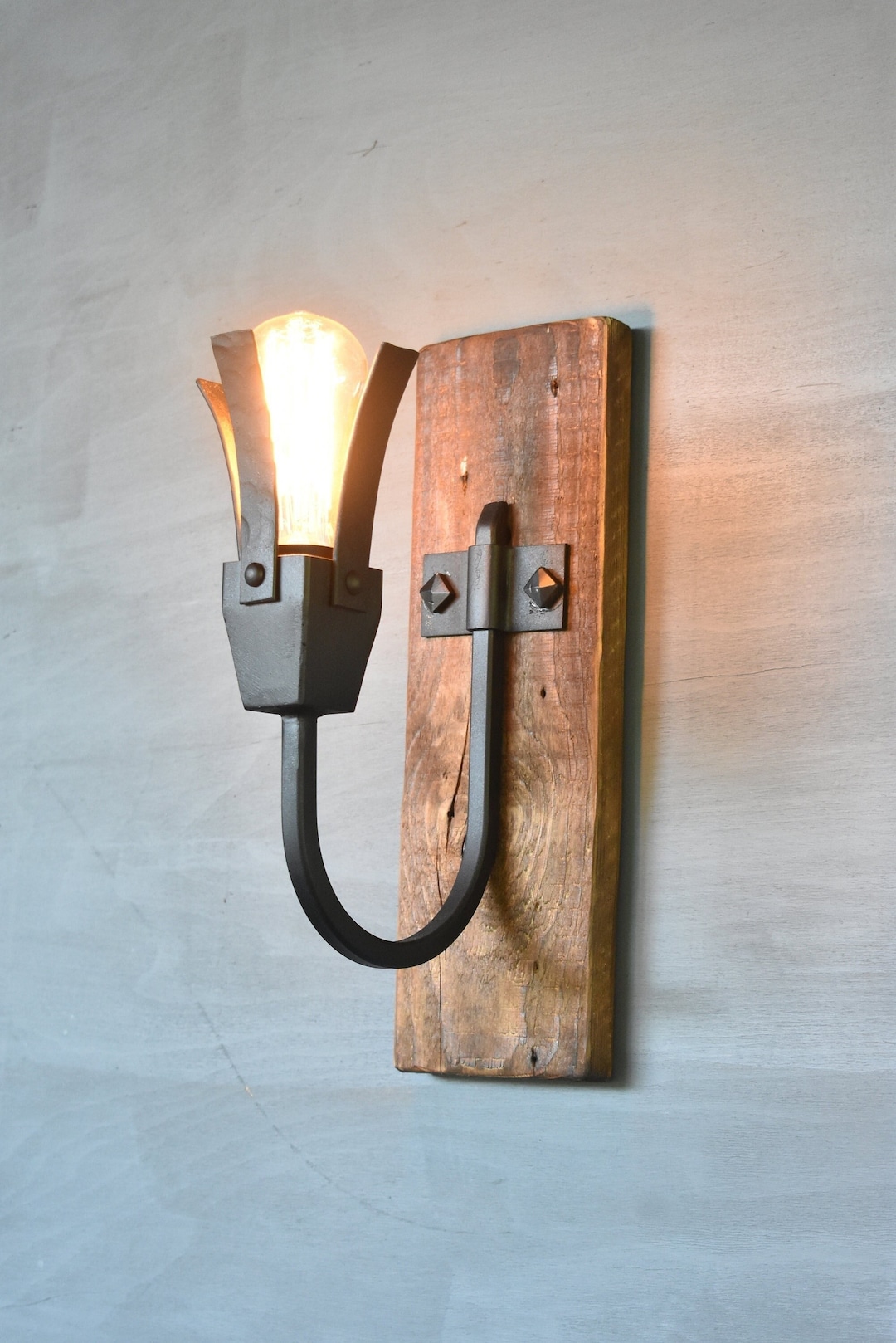 Rustic Wall Sconce,cabin Rustic Wall Light,wood and Wrought Iron Sconce ...