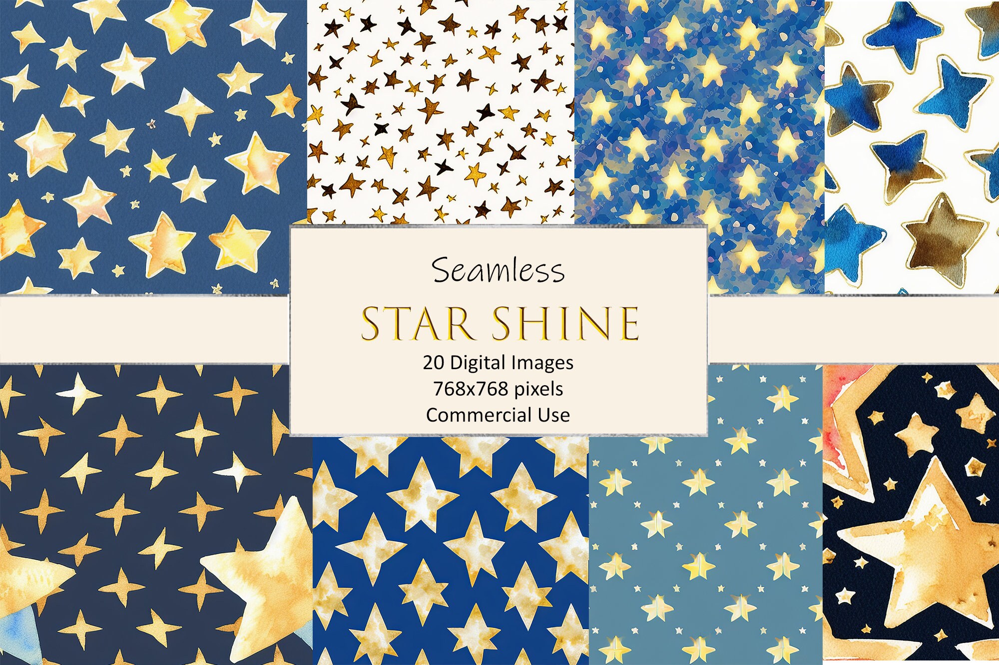 Gold Star Digital Paper, Seamless Celestial Textures, Printable ...