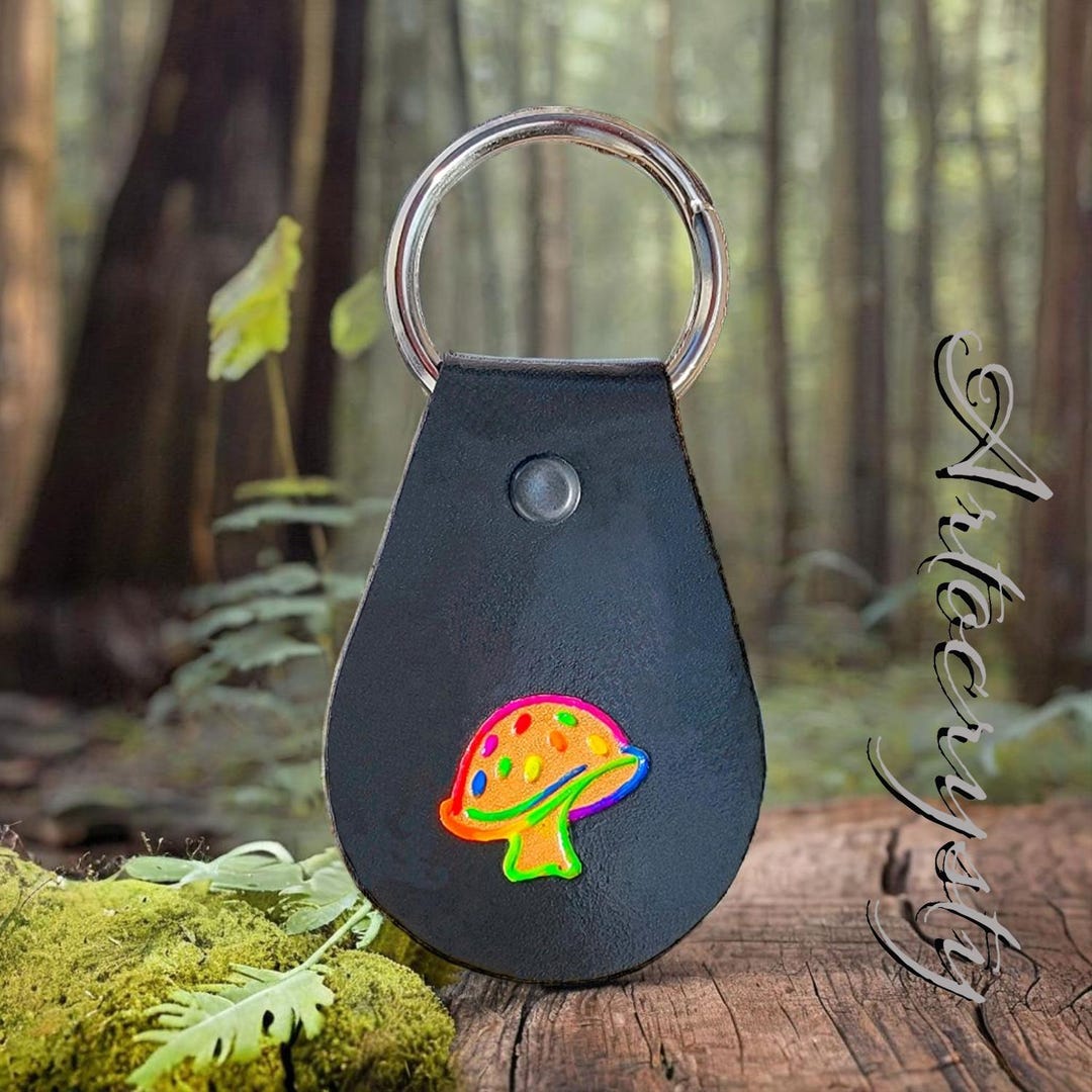 Genuine Leather Rainbow Mushroom Keychain With Black Background Stamped ...