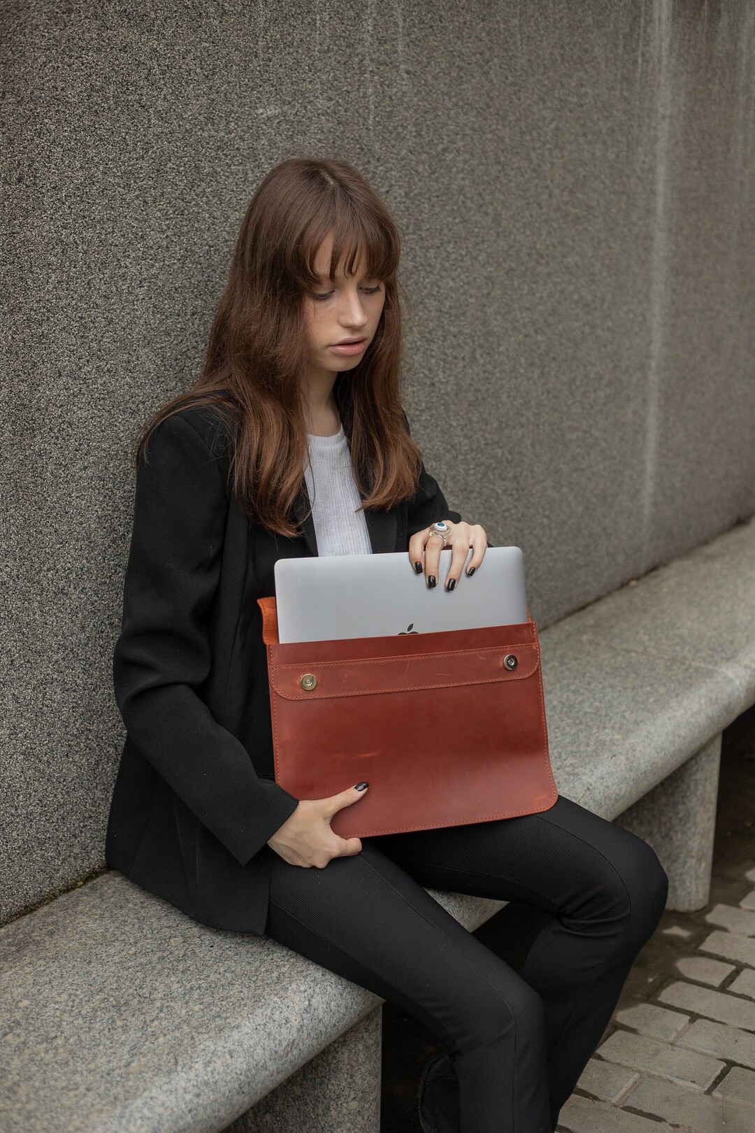 Leather Laptop Case With Snap Buttons, Laptop Flap Bag , Leather Sleeve ...