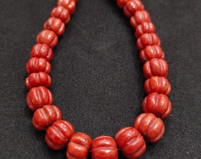 100% Natural Italian Red Coral Beads Gemstone Carved Melon Shape Beads ...