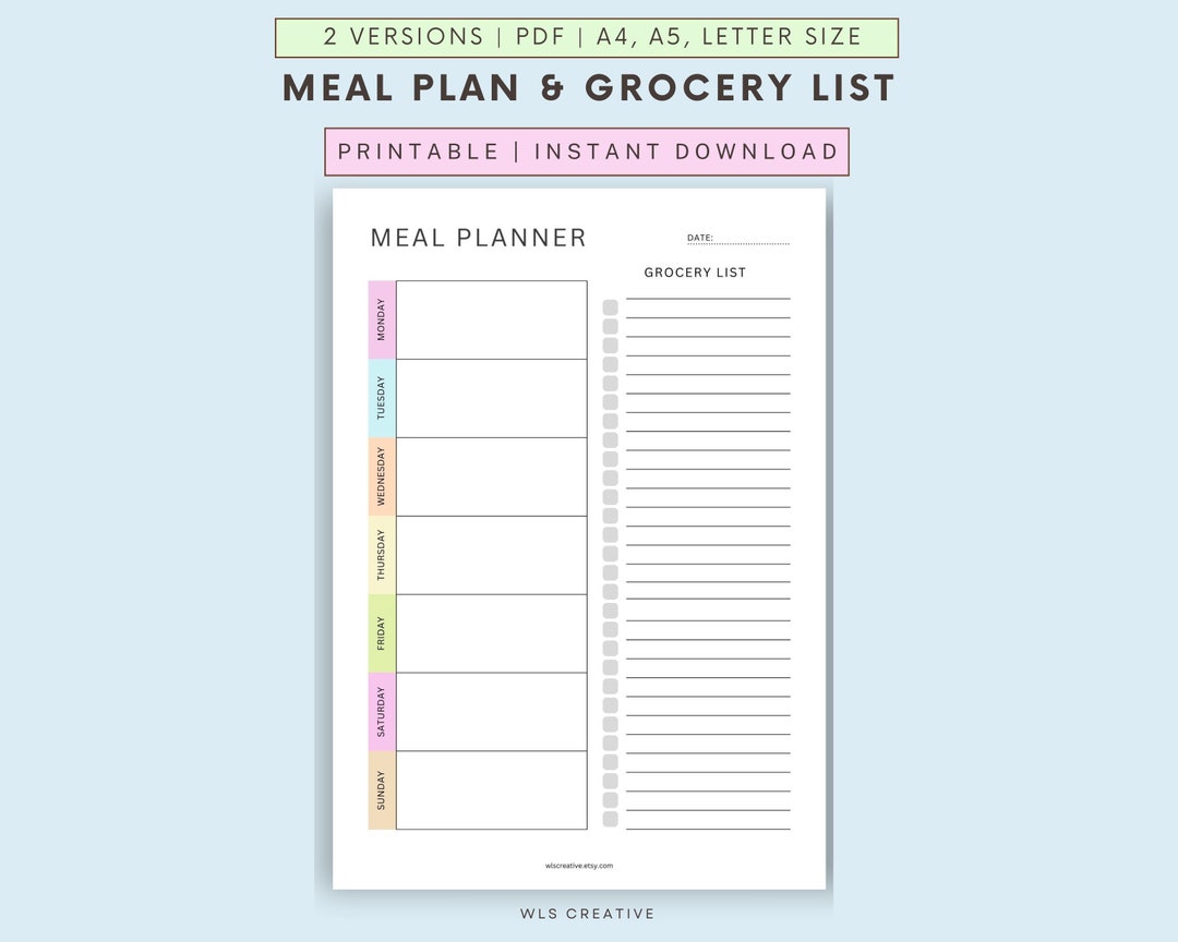 Printable Weekly Meal Planner Food Log Food Tracker Template Meal Plan ...