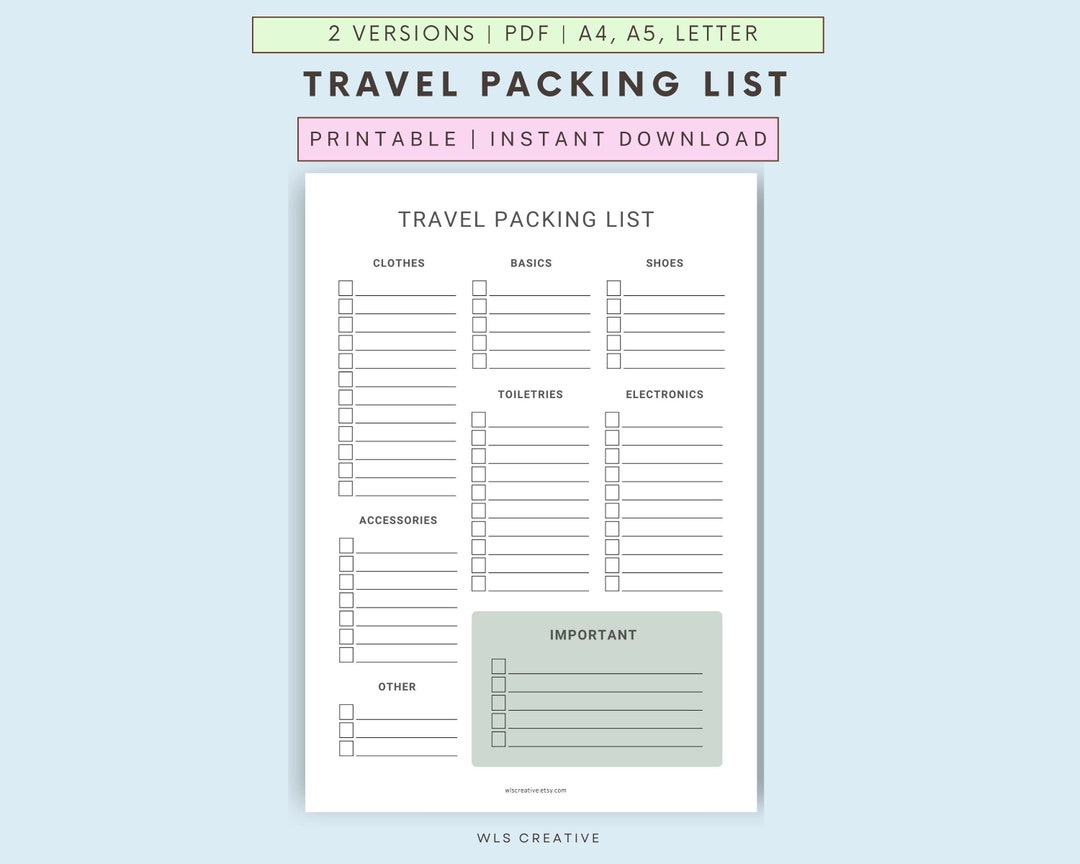 Printable Travel Packing List Vacation Checklist Clothes Travel ...