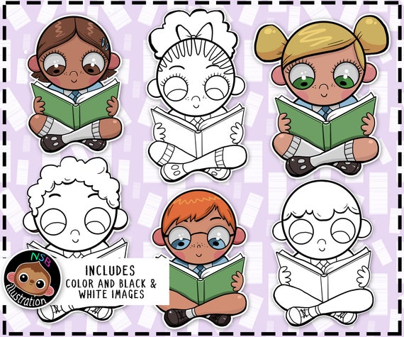 Kids Reading Books Clip Art Black And White