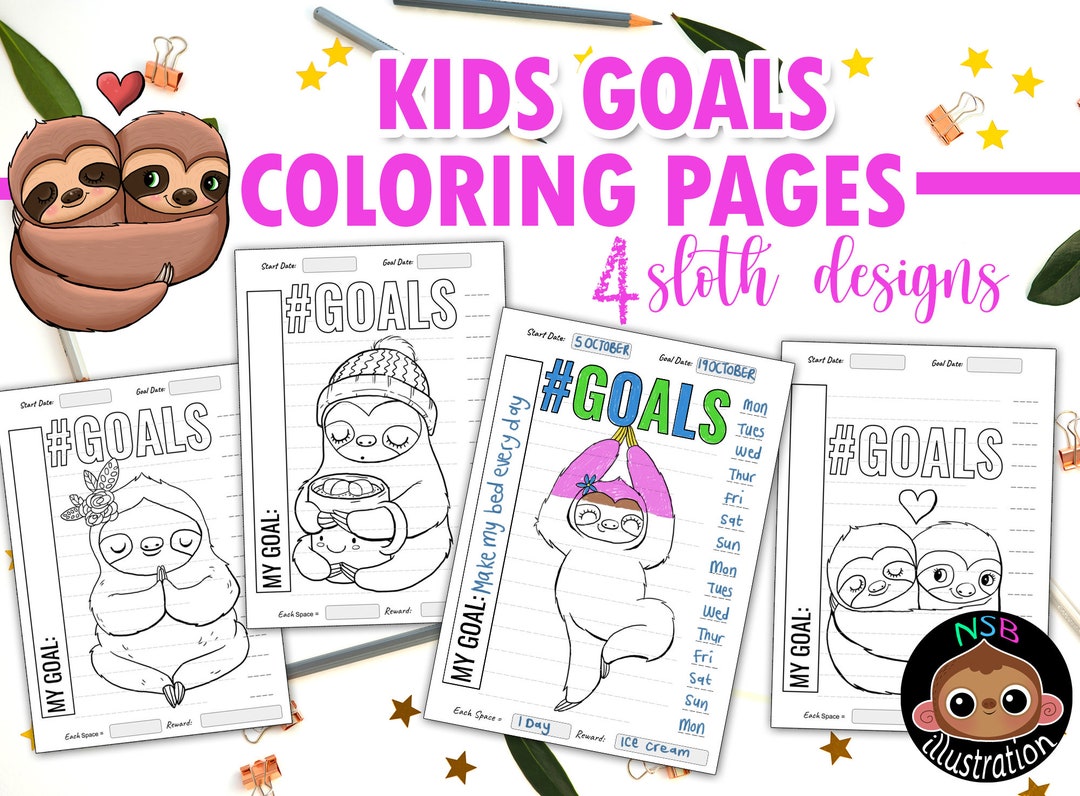 Kids Goal Chart Tracker Coloring Pages Sloth Themed Habit Printable ...