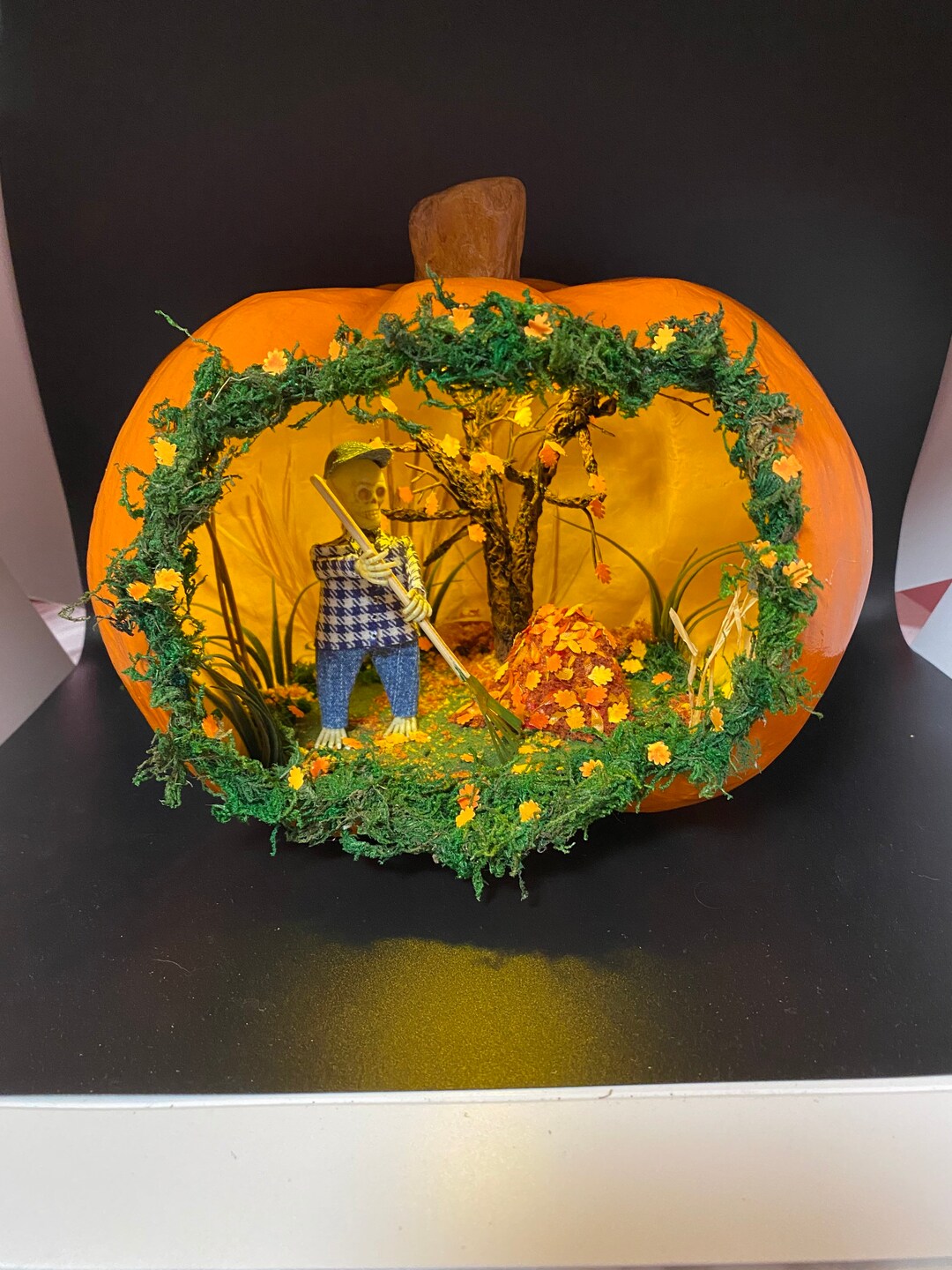 Papier-mâché Pumpkin Diorama With Skeleton Raking Leaves - Etsy