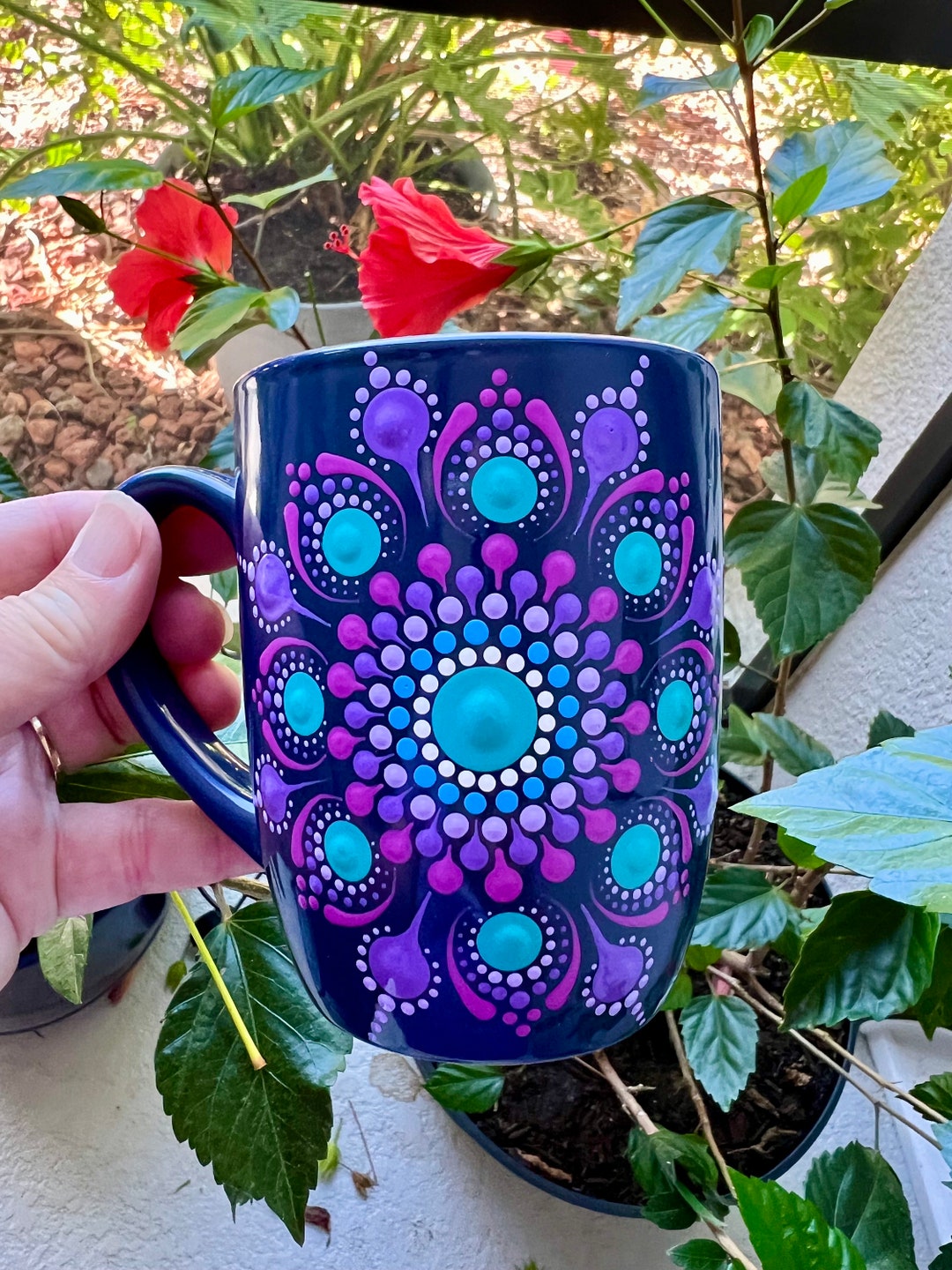 Hand Painted Mandala Mug, Hand Painted Dot Art, Dot Mandala, Teal ...