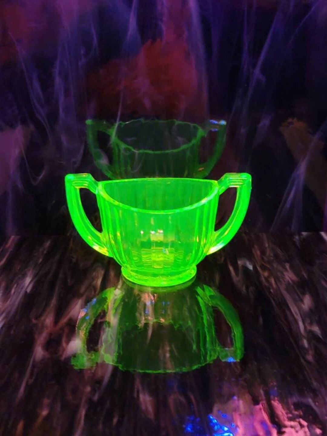 Vintage Vaseline Uranium Imperial Glass Pressed Handled Vertical Ribbed ...