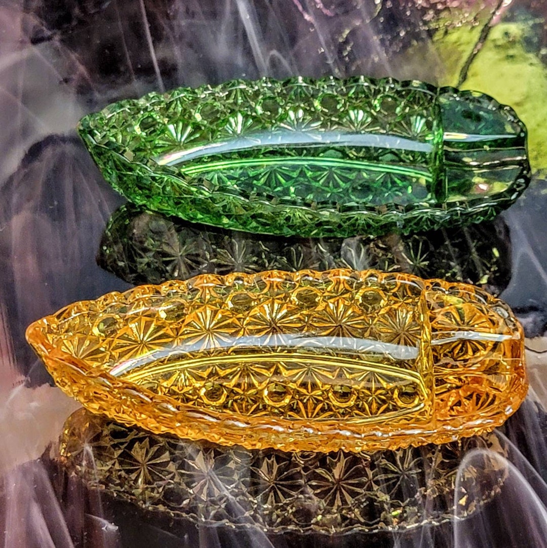 Vintage Amber and Green Glass Ashtray Set Daisy and Button Yacht Canoe ...