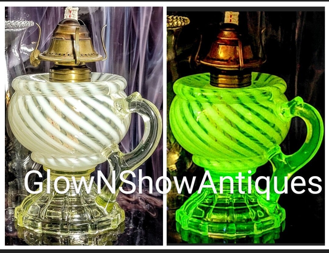 Antique King Glass Company Blown Vaseline Opalescent Sheldon Swirl ...