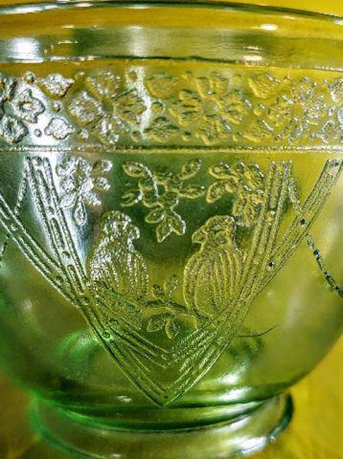 Vintage Federal Glass Company Love Birds Pattern Green Uranium Etsy