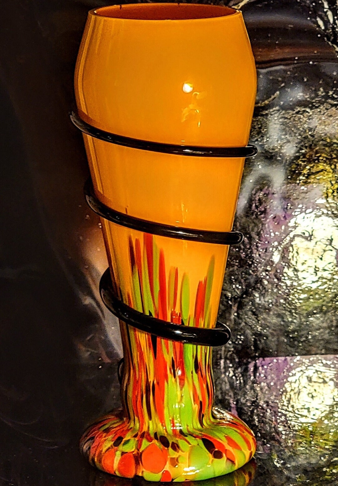 Czechoslovakian Splatter Glass Applied Jet Serpentine To Orange Tango Vase Circa 1930s Etsy