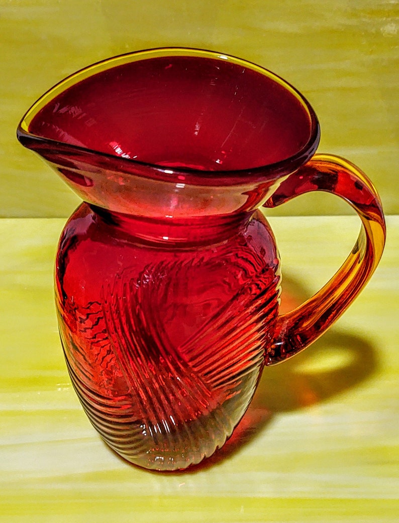 Vintage Pilgrim Glass Heavy Ruby Red Amberina Pitcher Creamer Applied ...