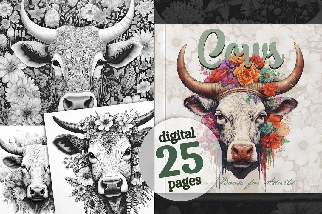 Cows Coloring Book for Adults Printable Cows Coloring Pages Grayscale ...