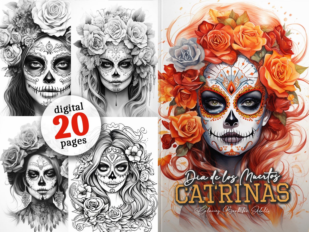 Dia De Los Muertos Catrinas Coloring Book Printable Grayscale Sugar ...