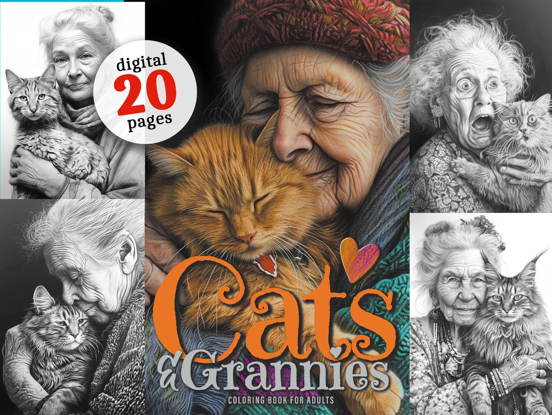 Cats and Grannies Coloring Book Printable Grayscale Portrait Coloring ...