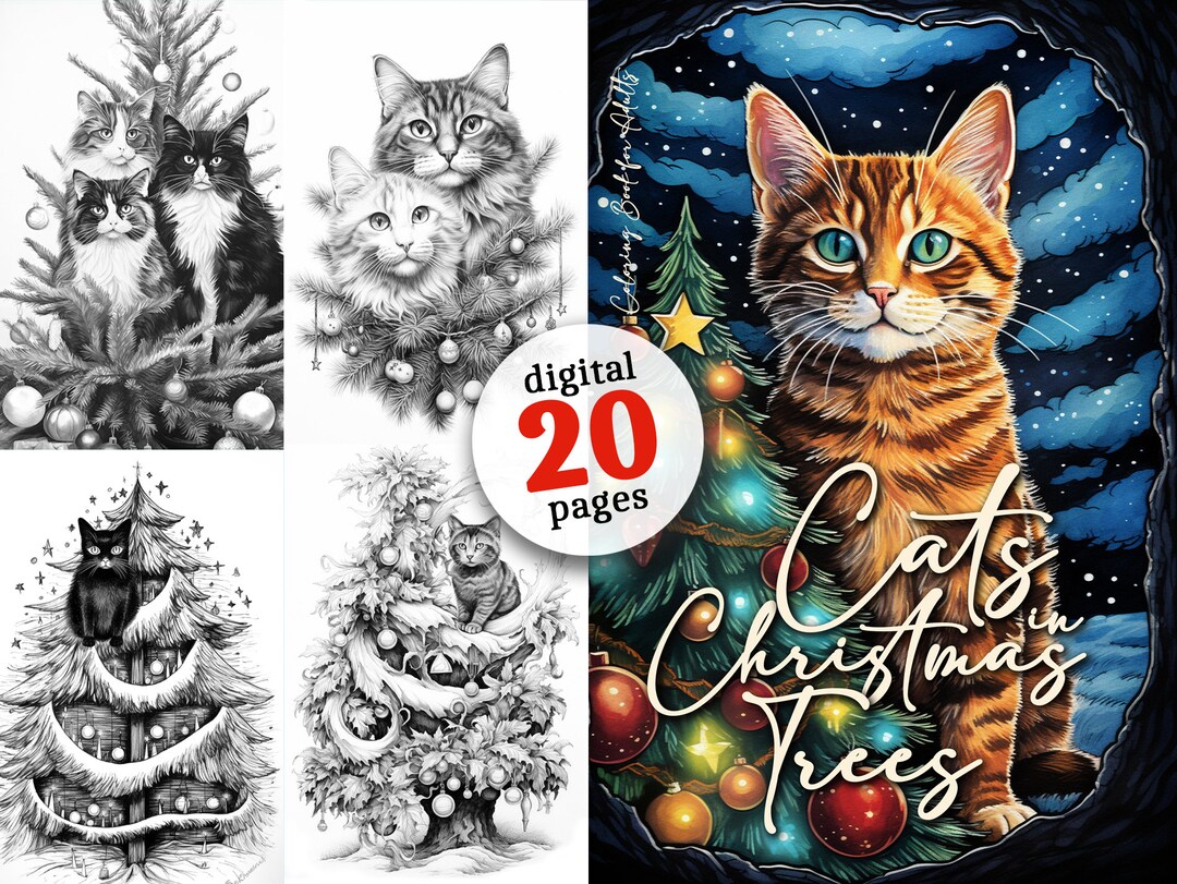 Cats in Christmas Trees Coloring Book Printable Christmas Cats Coloring ...
