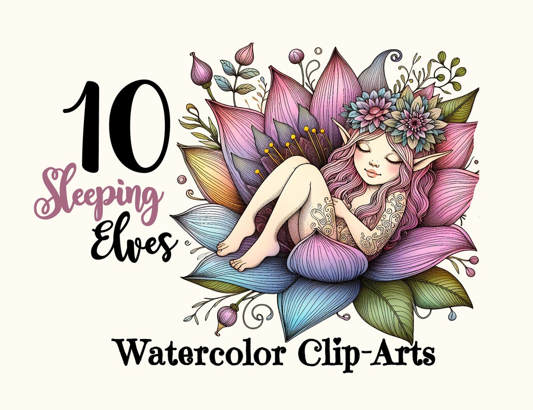 Sleeping Elves Clipart Elves Illustrations Watercolor Clip-art Elf 10 Cute Sleeping Elves ...