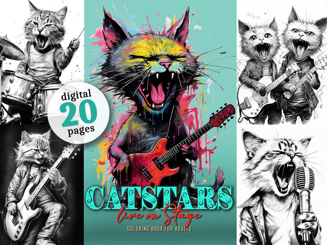 Catstars Live on Stage Cats Coloring Book Printable Grayscale Cats ...