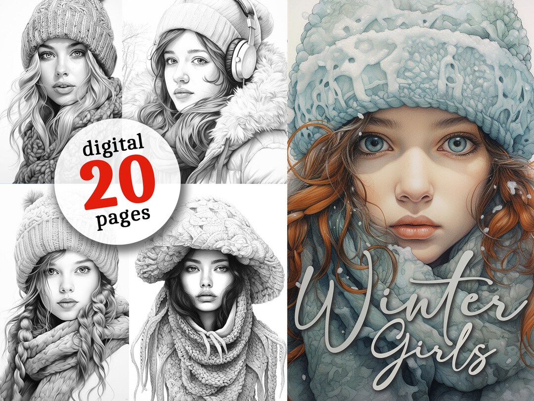 Winter Girls Coloring Book for Adults Printable Grayscale Winter Winter ...